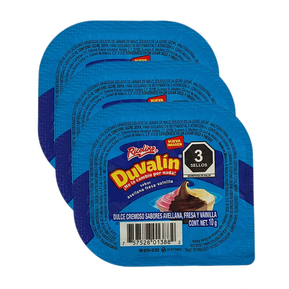 Dulce cremoso sabores avellana, fresa y vainilla Duvalin Ricolino (30 g ...