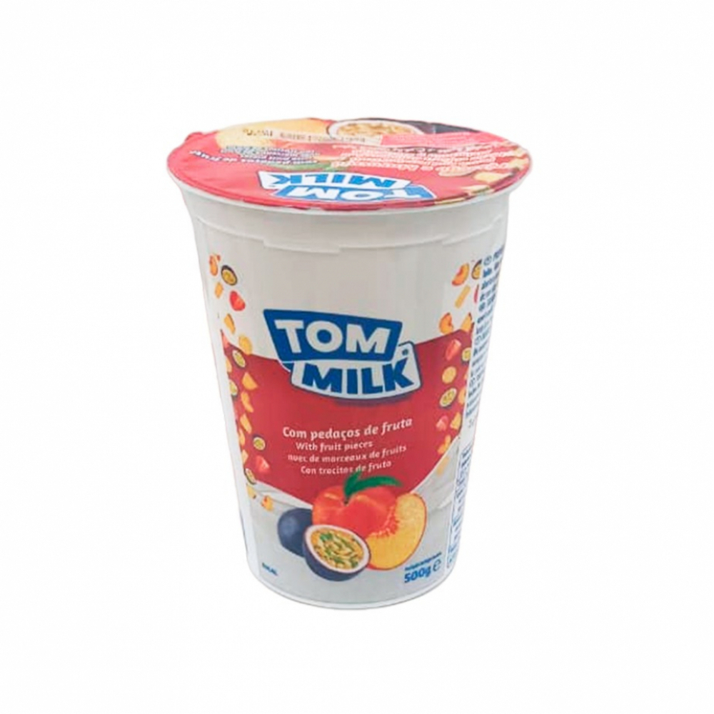 Yogurt pasteurizado sabor melocotón y maracuyá con trocitos de fruta ...
