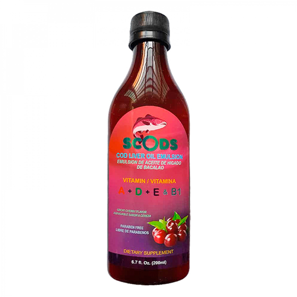 Cod Liver Oil Emulsion with Vitamin A + D + E + B1. Cherry Flavor (200 ...