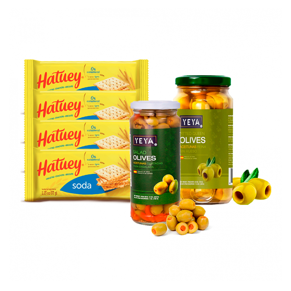 Snack combo: Soda crackers + Cut olives + Pitted queen olives | Online ...