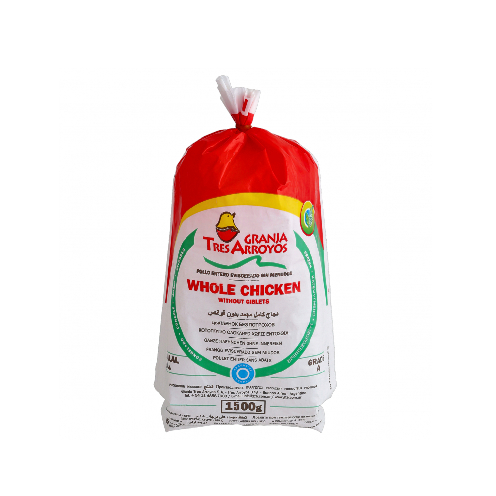 Pollo entero eviscerado sin menudos Granja Tres Arroyos (1.5 kg / 3.3 ...